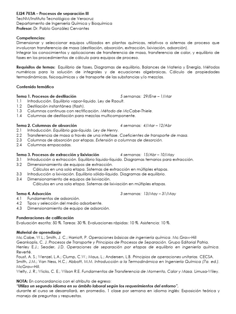 Contenido ProcIII EJ2024 | PDF | Transferencia de masa | Destilación