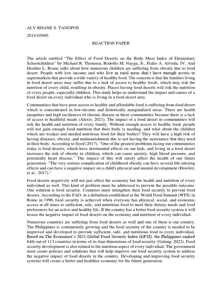 TANGPOS - ABE 159 Reaction Paper | PDF | Food Security | Obesity