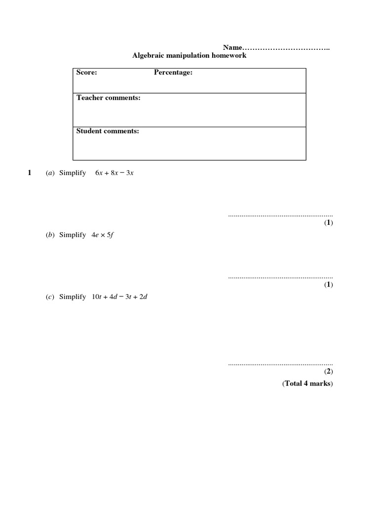 Algebraic Manipulation Homework | PDF | Algebra | Mathematics