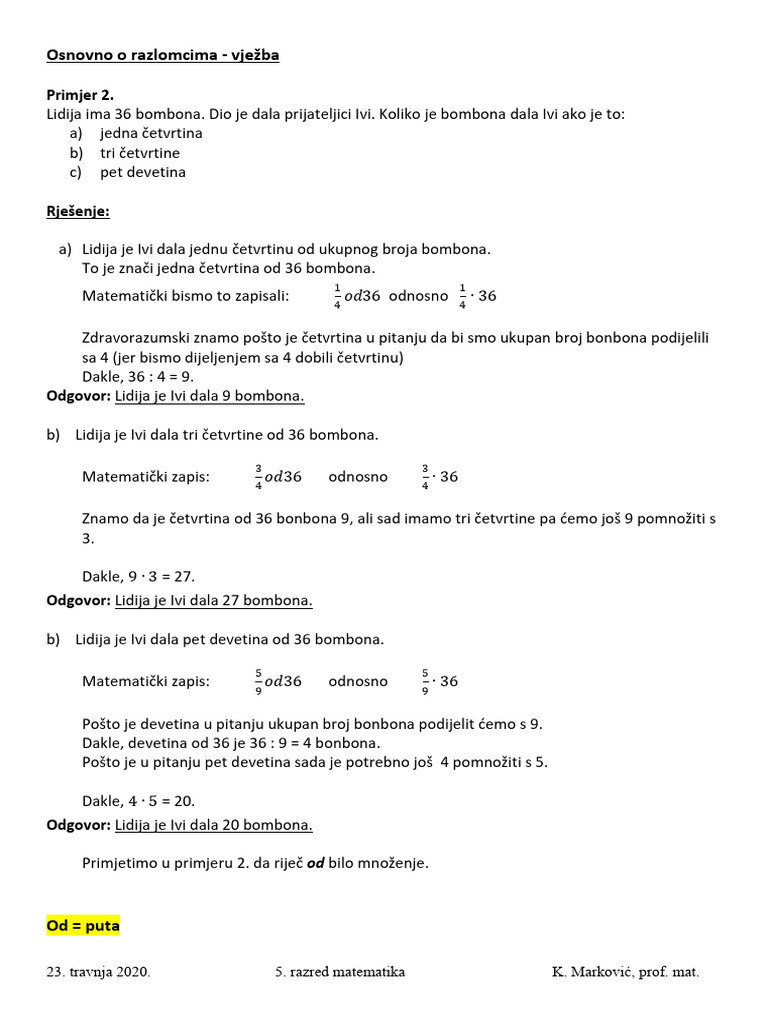 Osnovno o Razlomcima Vjezba | PDF