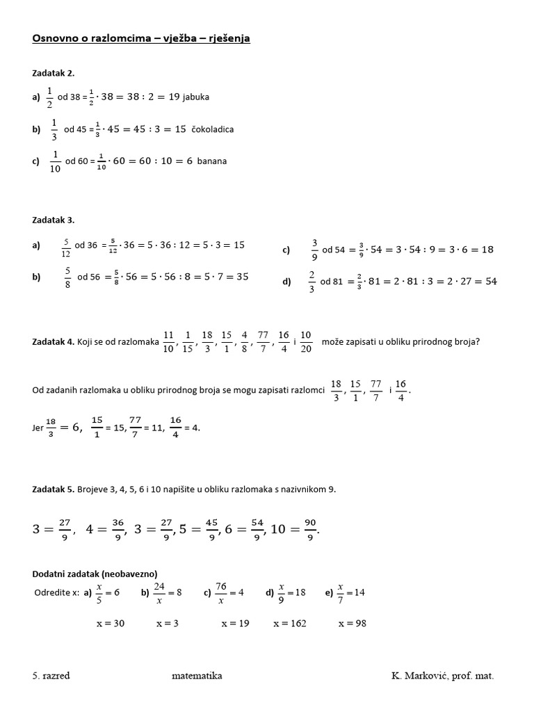 Rjesenja Vjezba Osnovno o Razlomcima | PDF