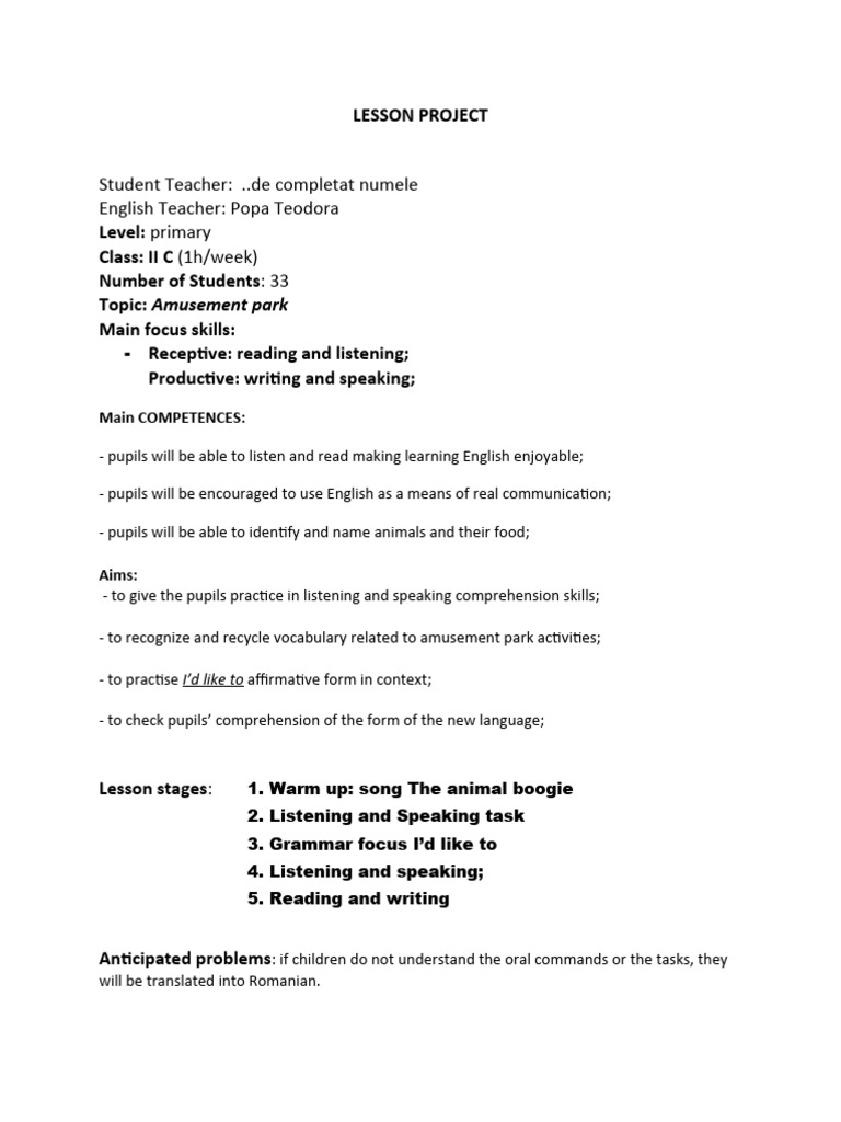 Amusement Park English Lesson Plan | PDF | Reading Comprehension ...