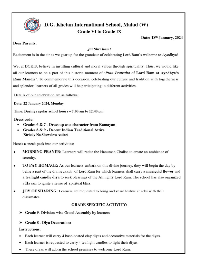 Final-Grade 6 To 9 Circular - 22nd Jan, Lord Ram | PDF | Rama