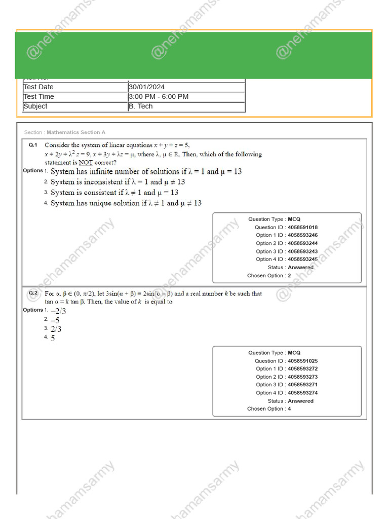 30 Jan Shift 2 Final | PDF | Multiple Choice | Evaluation