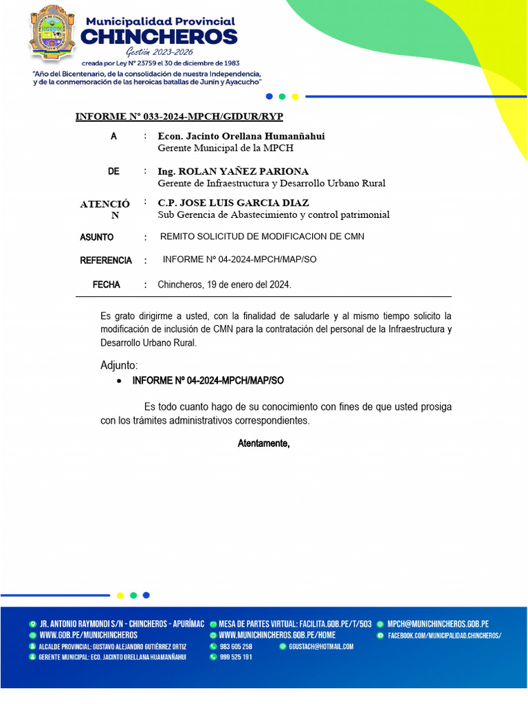 Informe N°033 Remito Solicitud de Modificacion de CMN Grass | PDF