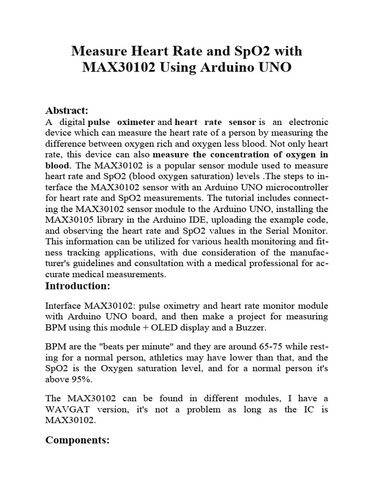 Measure Heart Rate and SpO2 With MAX30102 Using Arduino UNO | PDF ...