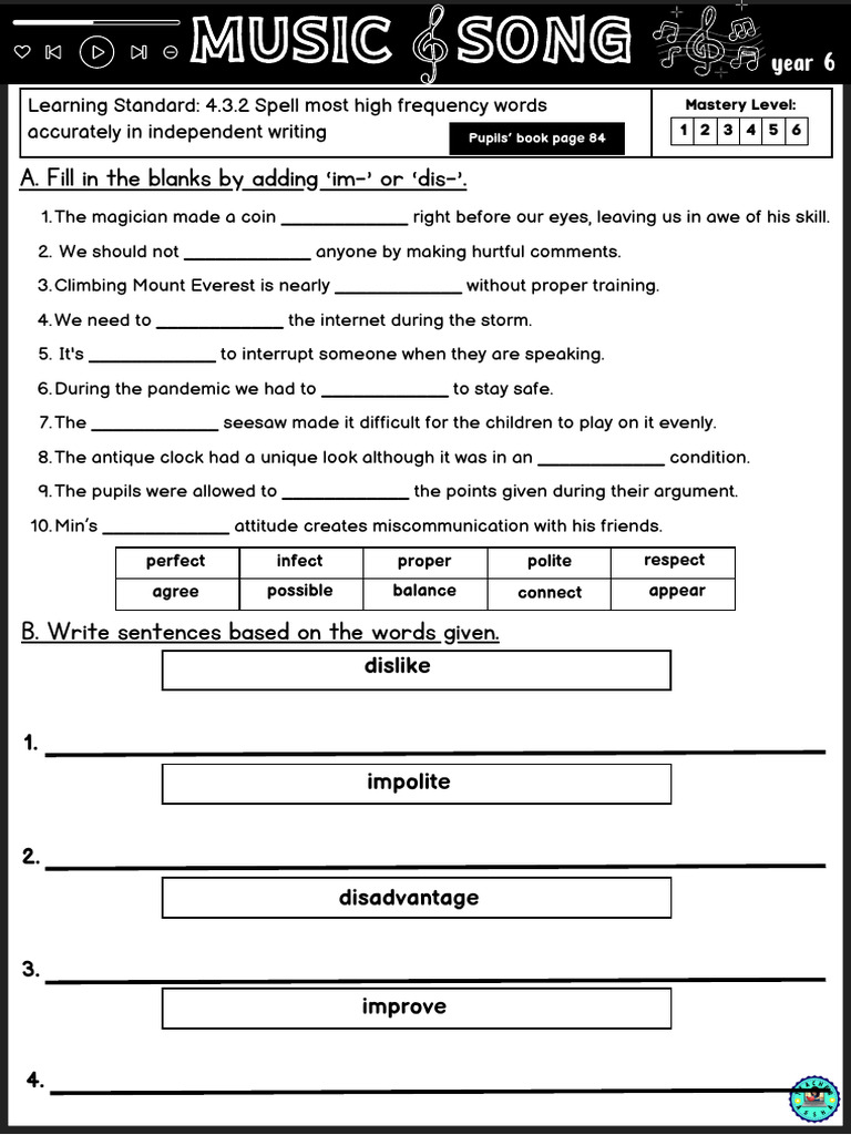 Music and Song Year 6 Worksheets | PDF