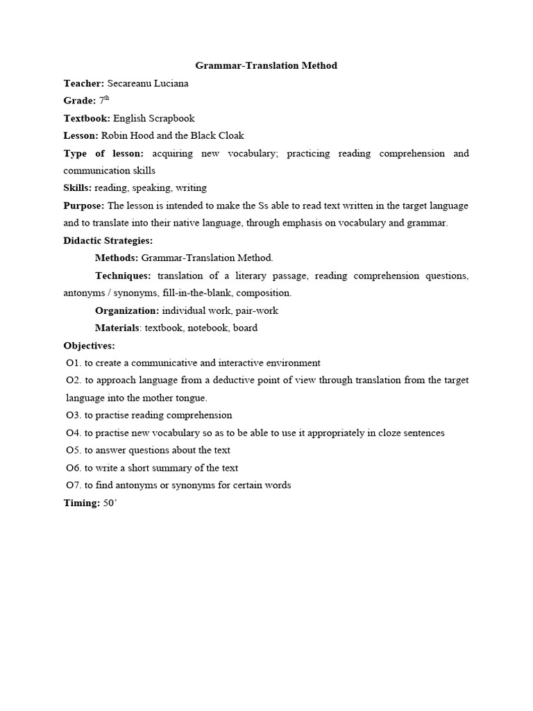 Grammar-Translation Method Lesson Plan | PDF | Reading Comprehension ...