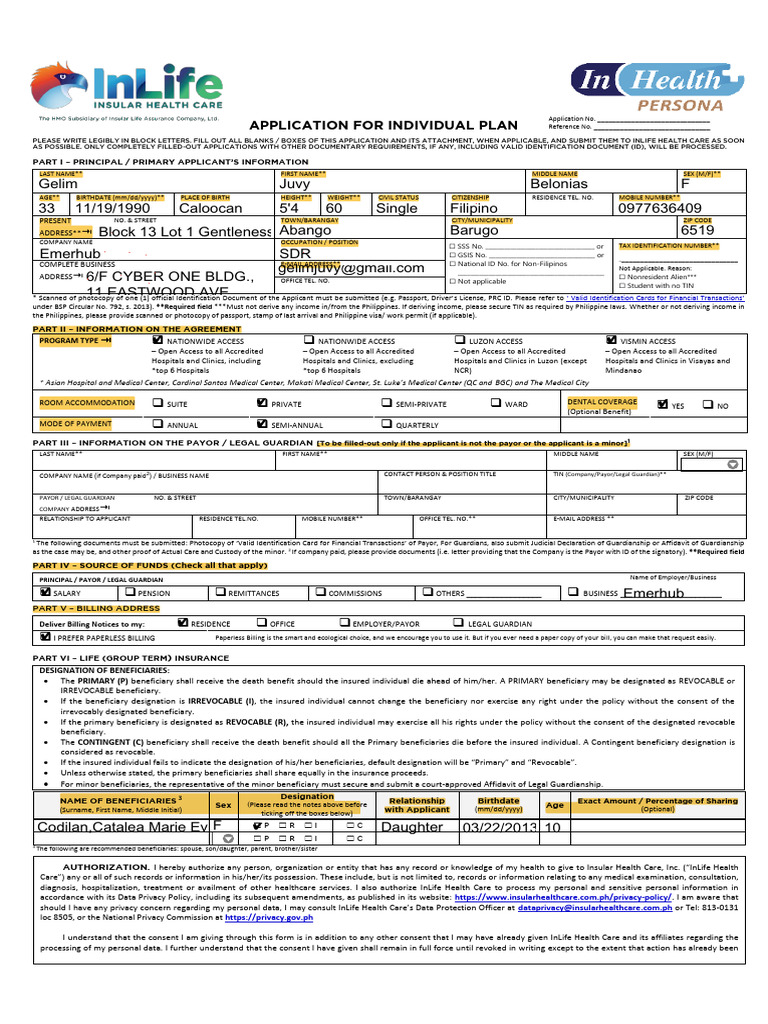 2023 Individual Application Form - InHealth Persona 2 | PDF | Identity ...
