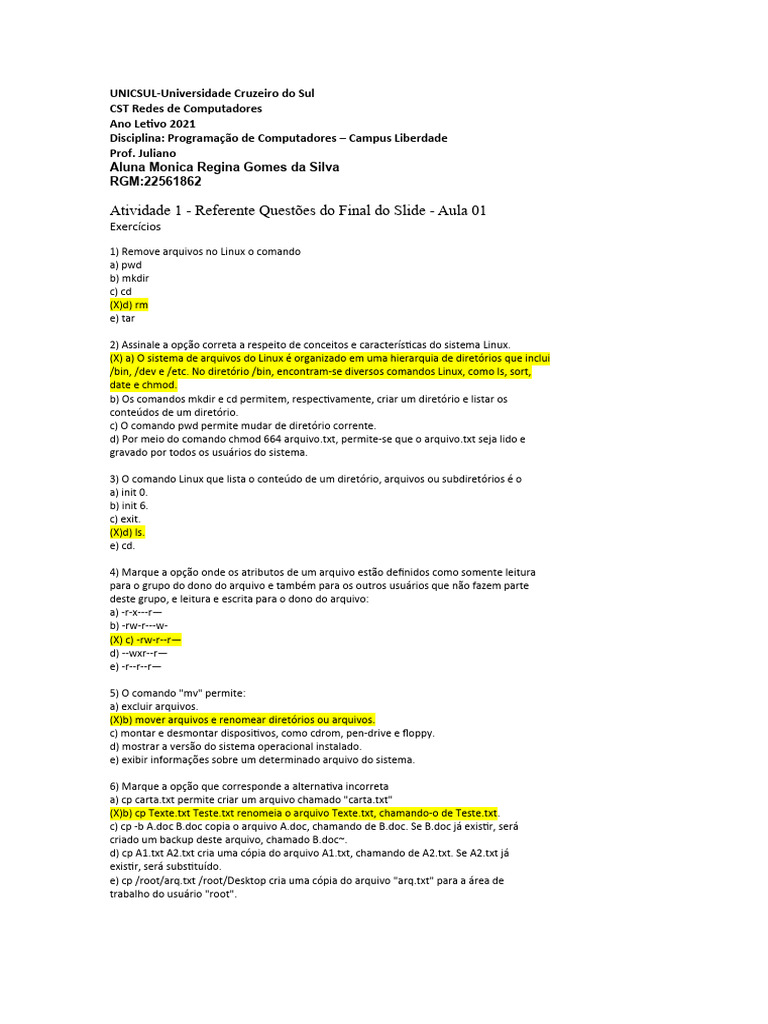 Atividade 1 - Referente Questões Do Final Do Slide - Aula 01 | PDF | Arquivo de texto | Linux
