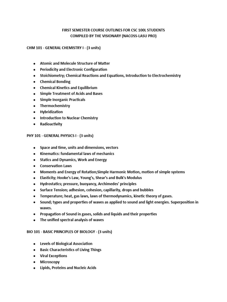 100L First Semester Course Outlines | PDF | Vector Space | Chemistry