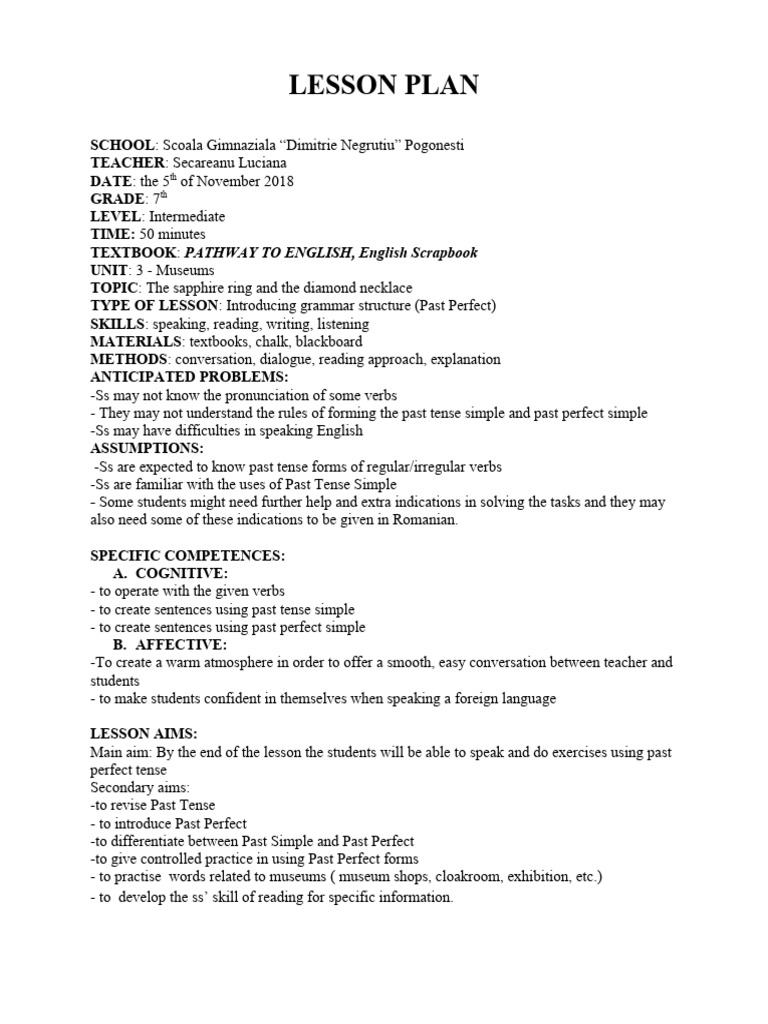 7th Grade Past Perfect Lesson Plan | PDF | Perfect (Grammar ...