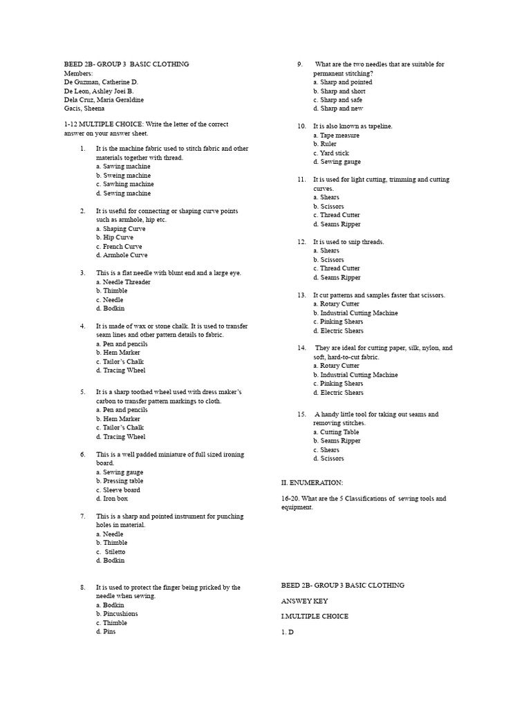 Group3-Epp-20items Quiz | PDF | Sewing | Sewing Machine