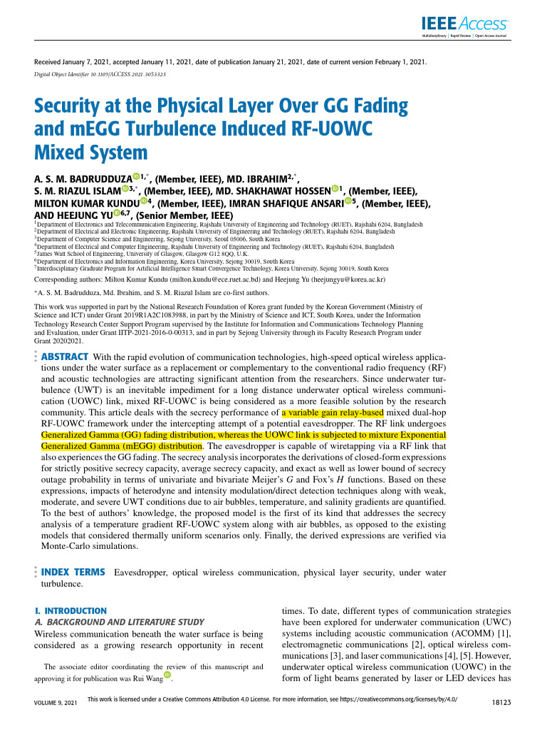 Security at The Physical Layer Over GG Fading and MEGG Turbulence Induced RF-UOWC Mixed System ...