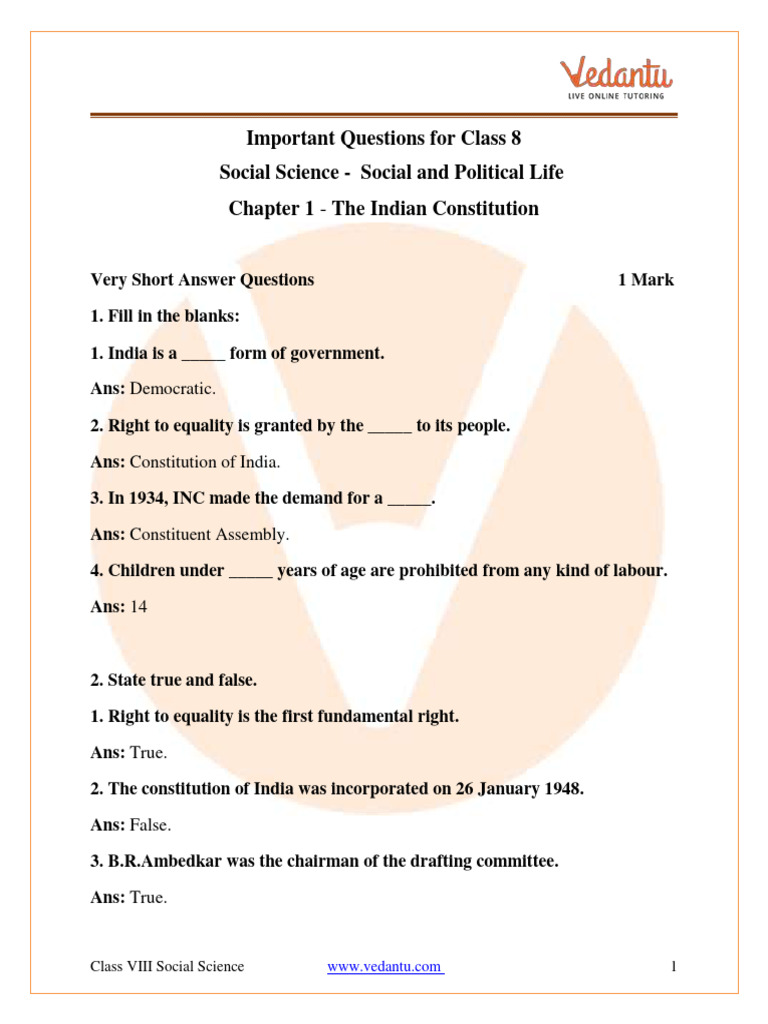 Important Questions Class 8 Social Science Social and Political Life ...