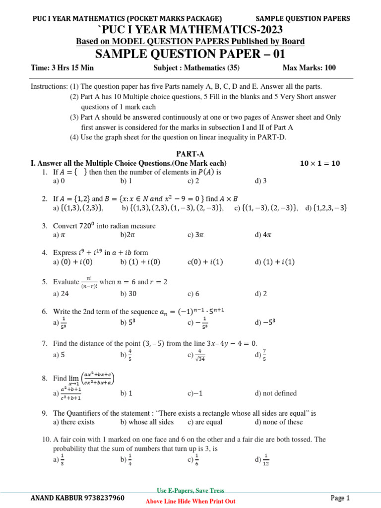 1st Puc Maths 18 Set Model Papers 2023 by Anand Kabbur | PDF | Function (Mathematics) | Equations
