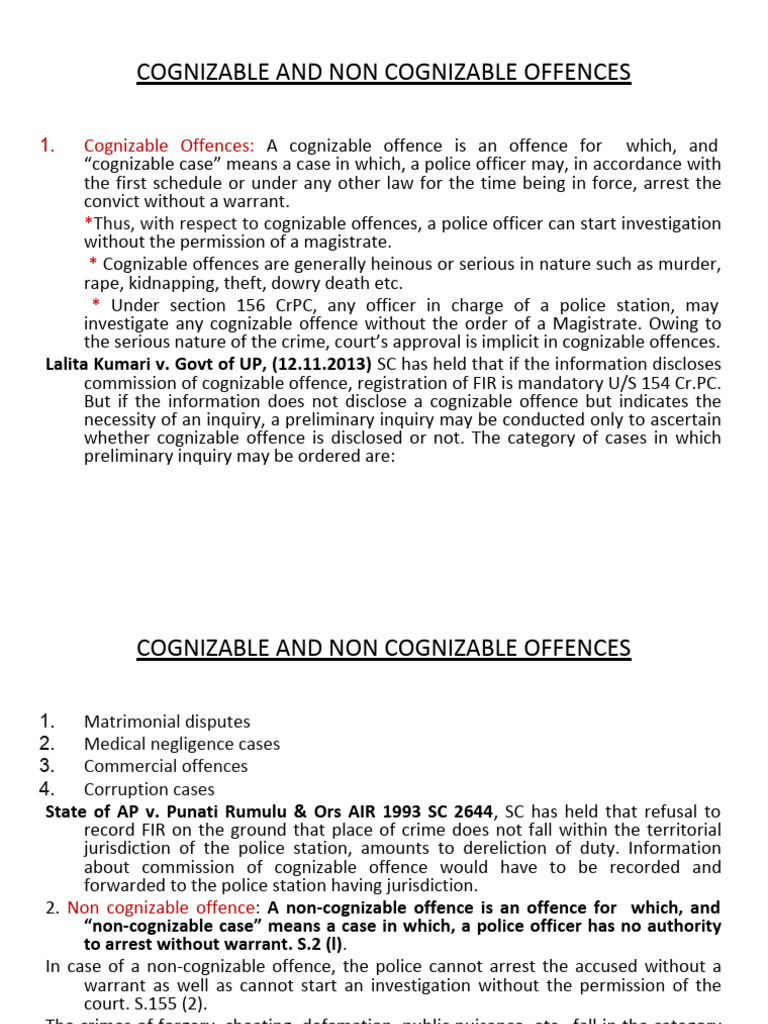 Cognizable and Non Cognizable Offences | PDF | Bail | Detention ...