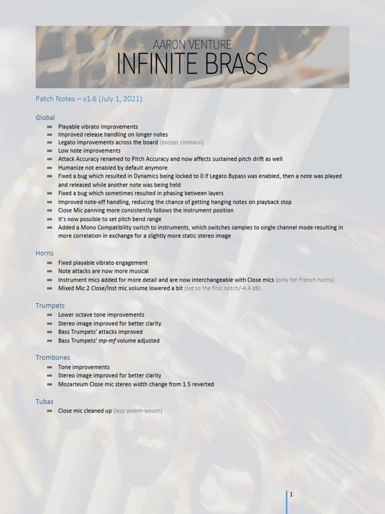 Infinite Brass Patch Notes Overview | PDF | Trombone | Brass Instruments