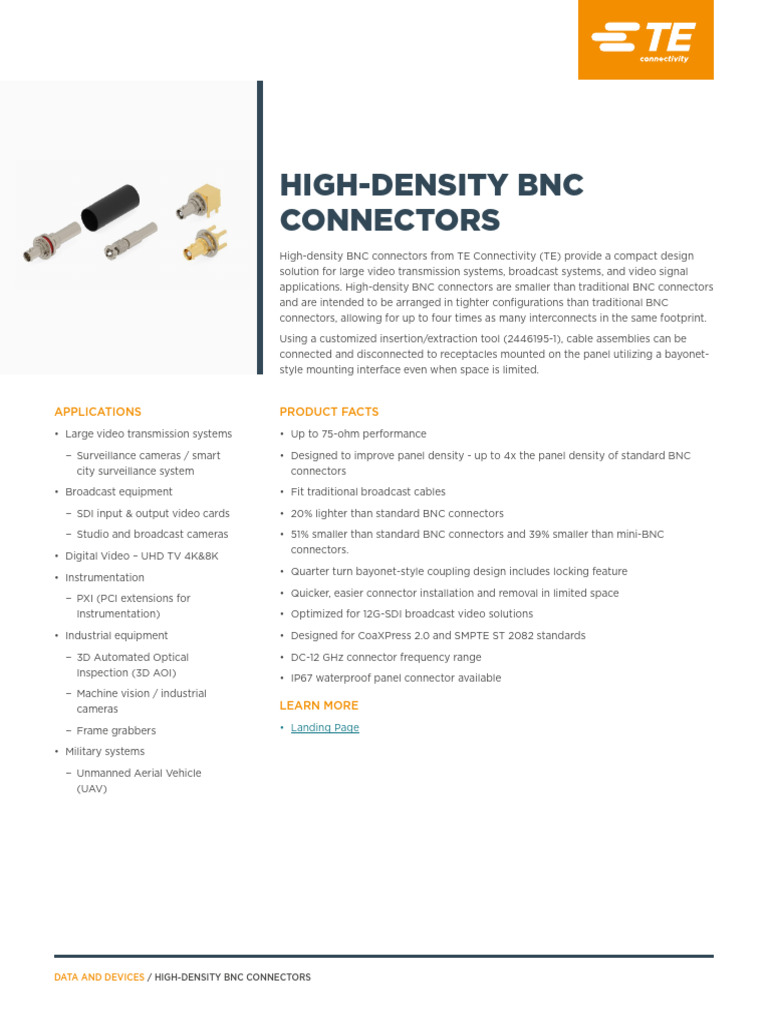 Tyco Electronics ENG DS HIGH DENSITY BNC CONNECTOR-3368997 | PDF | Electrical Connector | Video