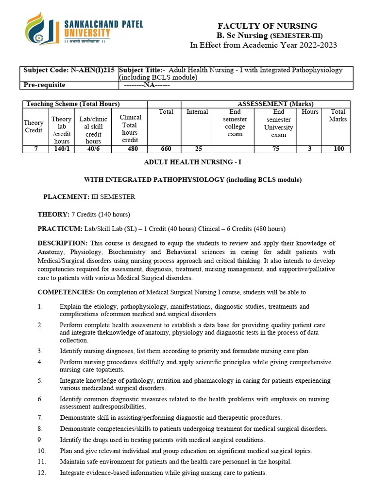 Adult Health Nursing I Syllabus Overview | PDF | Surgery | Nursing
