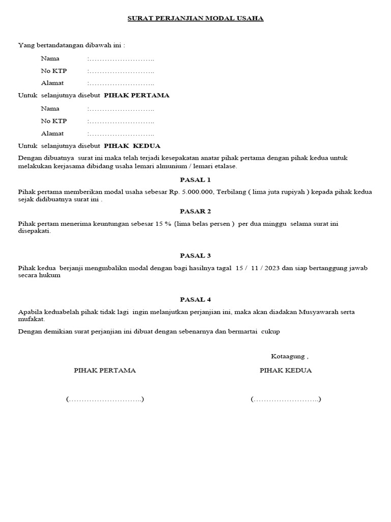Surat Perjanjian Modal Usaha Pdf
