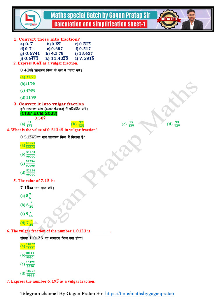 333007calculation and Simplification Sheet-1 - Crwill | PDF | Arithmetic | Notation