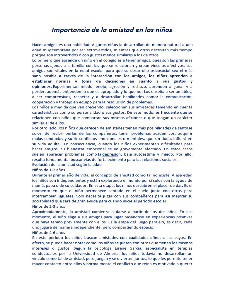 Importancia de La Amistad en Los Niños | PDF | Familia | Las emociones