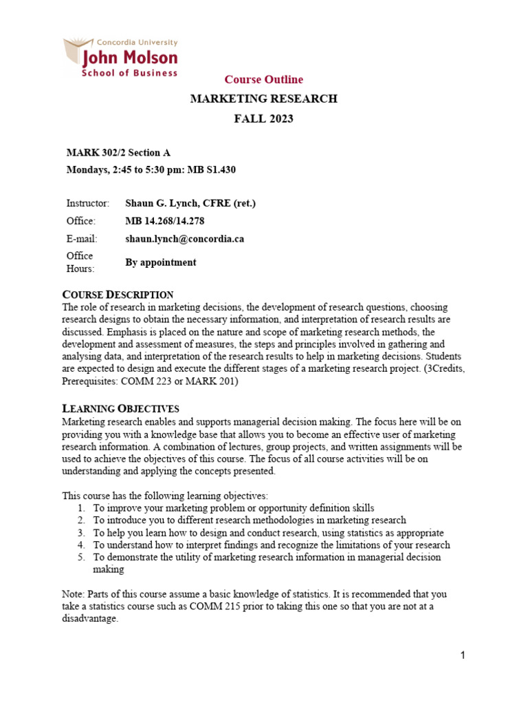 MARK 302-A-Fall 2023-Course Outline | PDF | Survey Methodology ...