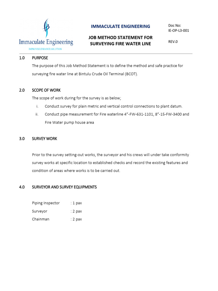 JMS METHOD OF STATEMENT - SURVEYING WORKS - BCOT - Draft | PDF ... JMS METHOD OF STATEMENT - SURVEYING WORKS - BCOT - Draft | PDF ...