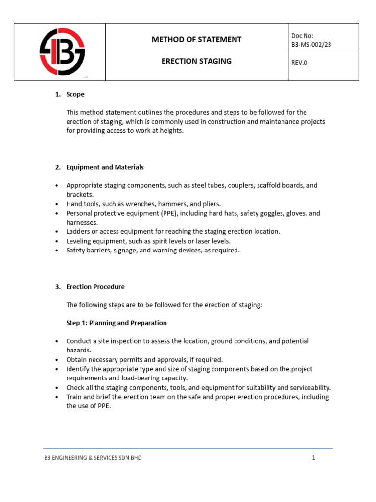 4.4 Method Statement For Erection Staging | PDF | Scaffolding | Safety