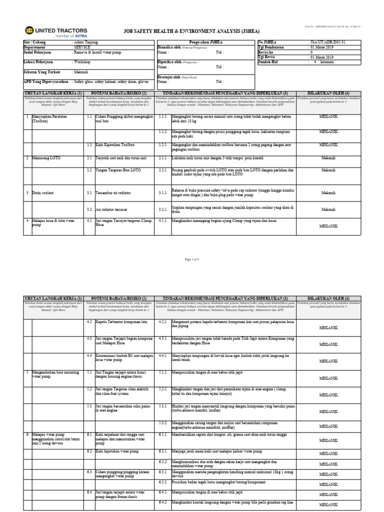JSA - UT.ADR.D85-31 Remove & Install Water Pump | PDF