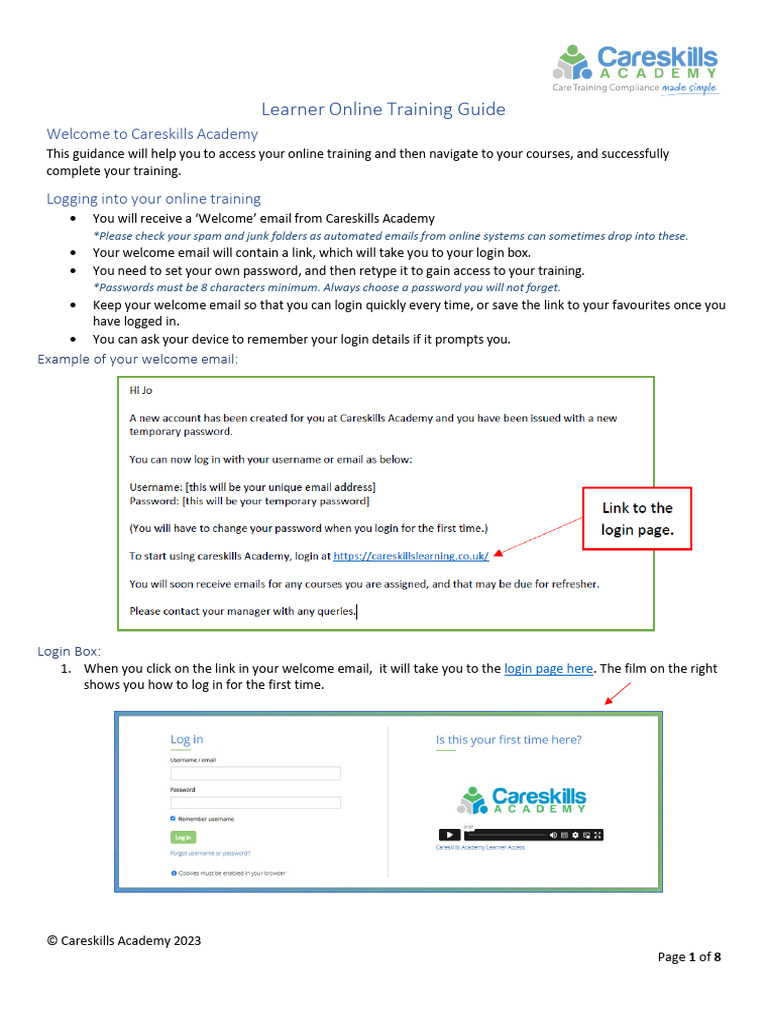 Careskills Academy Online Training Guide | PDF | Login | Password