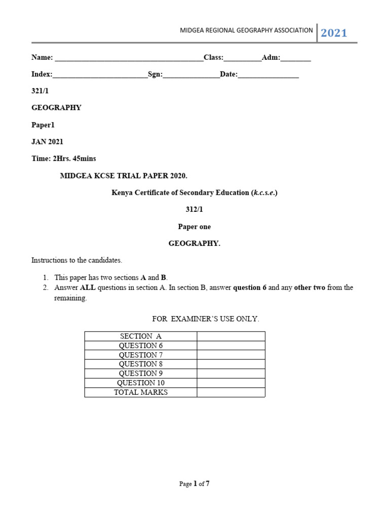 KCSE 2021 Geography Paper 1 Questions | PDF | Glacier | Earth Sciences