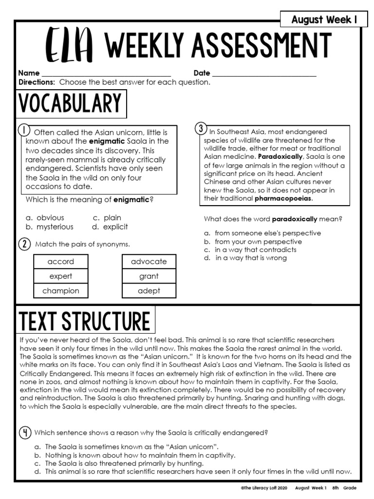 8th Grade ELA Weekly Assessment | PDF | Computer File | Endangered Species