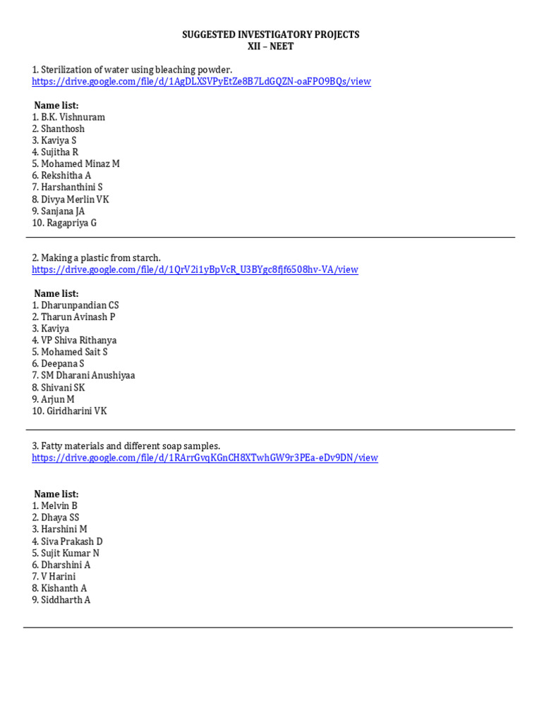 Xii - Neet - Suggested Investigatory Project - Chemistry | PDF