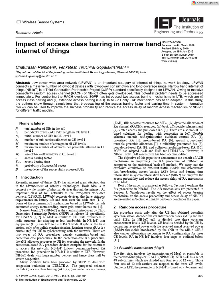 IET Wireless Sensor Systems - 2019 - Ramineni - Impact of Access Class Barring in Narrow Band ...