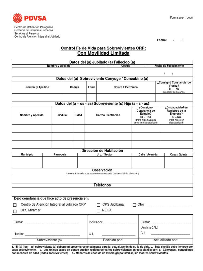 Formato Fe de Vida Sobrev Movilidadad Limitada 2024 | PDF