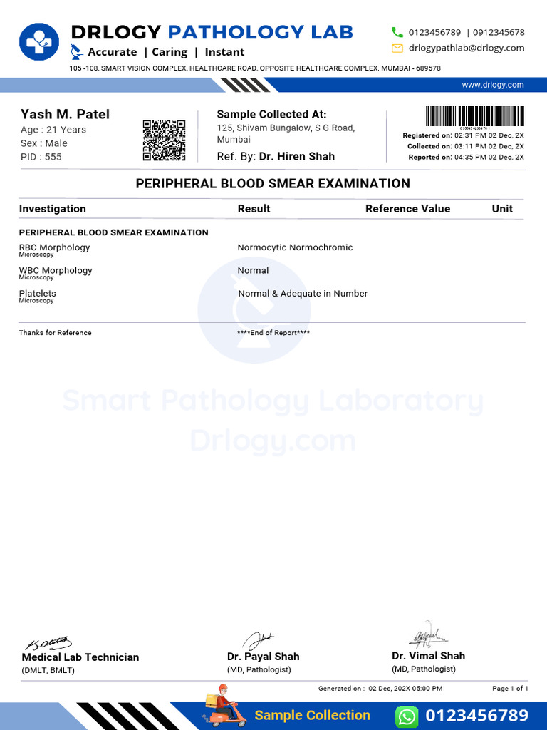 Peripheral Blood Smear Report Sample | PDF