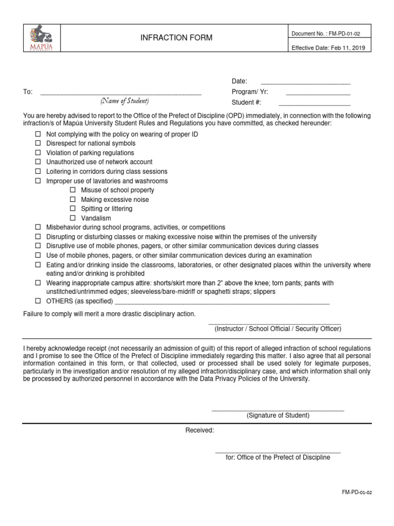 FM-PD-01-02 Infraction Form | PDF | Justice | Crime & Violence