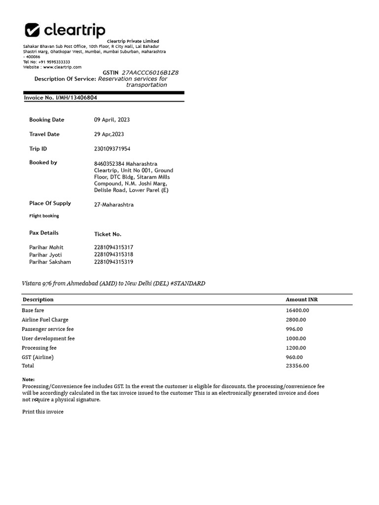 Cleartrip Flight Booking Invoice | PDF