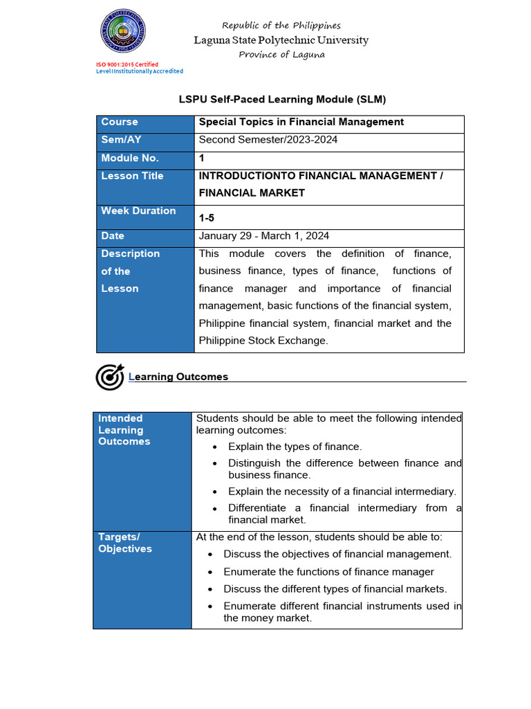 Module 1 Special Topics in Financial Management | PDF | Financial ...