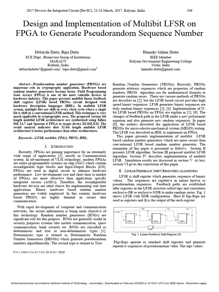 Design and Implementation of Multibit LFSR On FPGA To Generate Pseudorandom Sequence Number ...