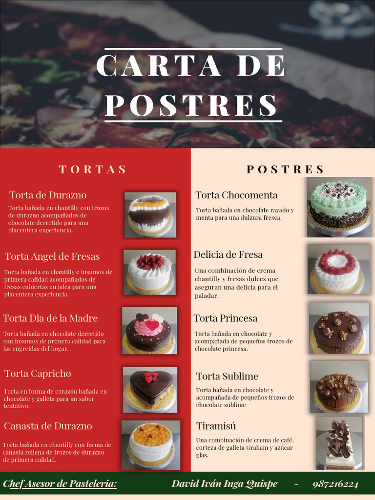 Carta de Postres y Tortas Variadas | PDF | Postres | Tarta de queso