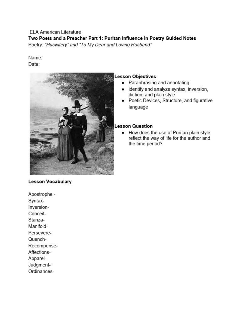 Puritan Poetry - Puritan Influence Guided Notes | PDF | Poetry | Puritans