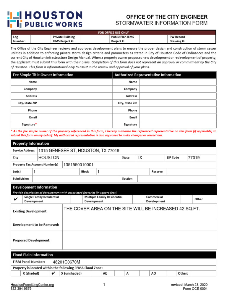 Houston Stormwater Information Form | PDF | Stormwater | Storm Drain