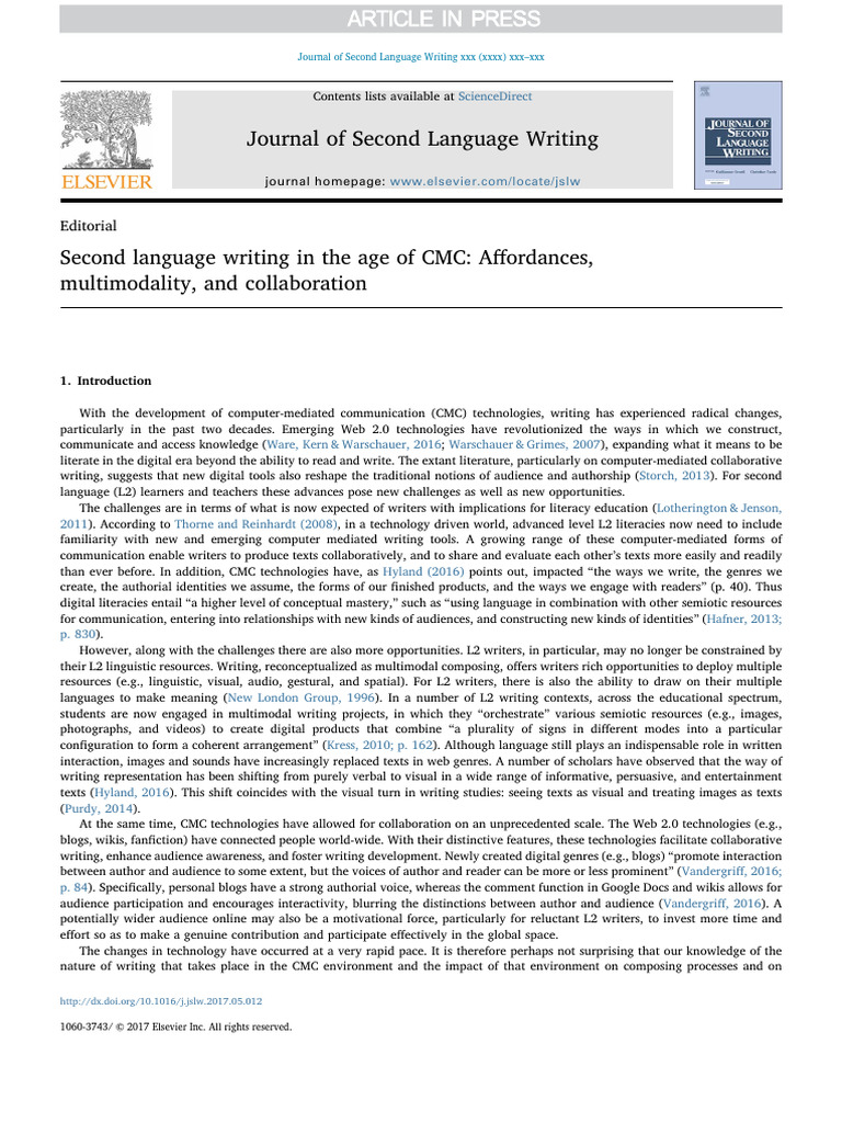 Second Language Writing in The Age of CMC - Affordances, Multimodality ...