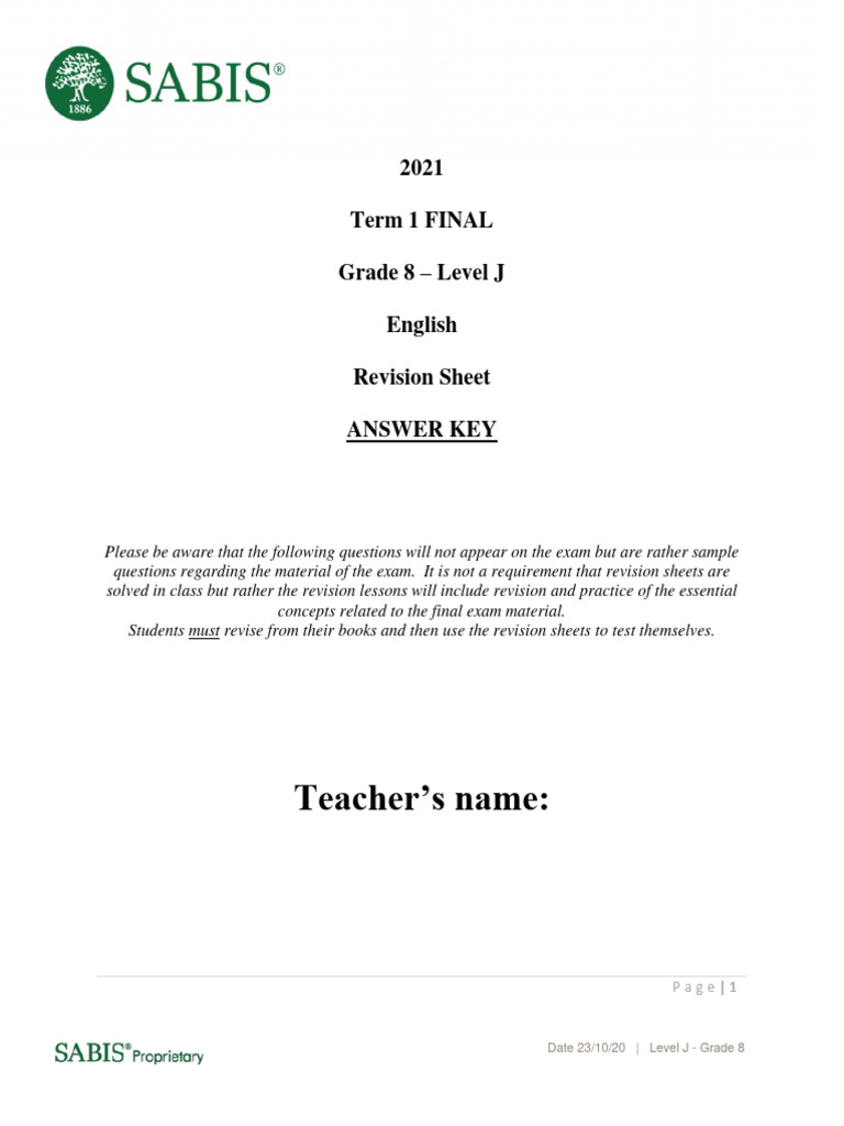 2021 Term 1 Final Grade 8 English Revision Sheet Answer Key-Final | PDF ...