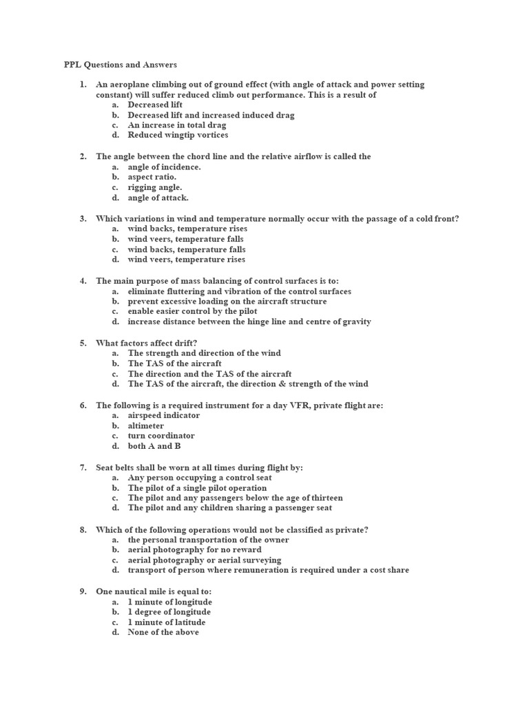 PPL Quiz Questions | PDF | Airspeed | Flight Control Surfaces