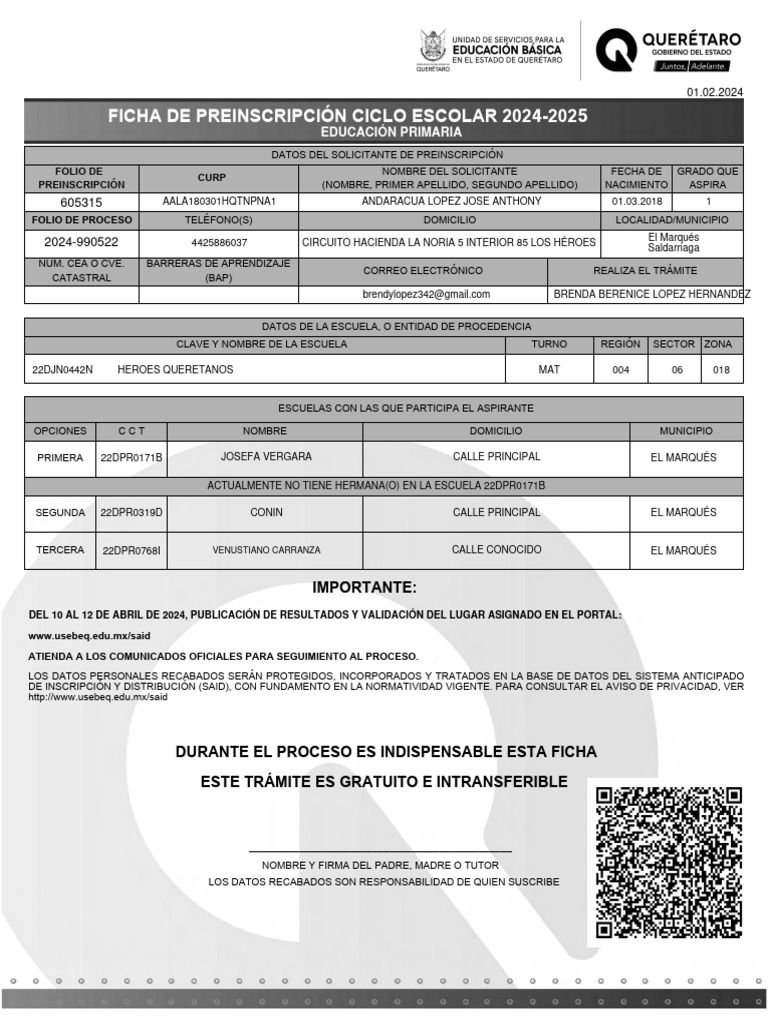 Ficha Preinscripción Escolar 2024-2025 | PDF