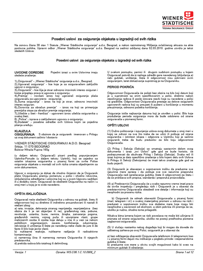 Posebni Uslovi Za Osiguranje Objekata U Izgradnji Od Svih Rizika | PDF